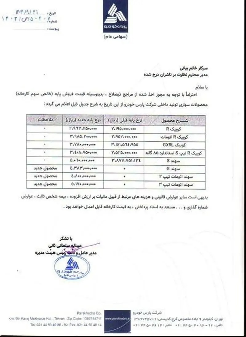 قیمت جدید محصولات پارس خودرو اعلام شد